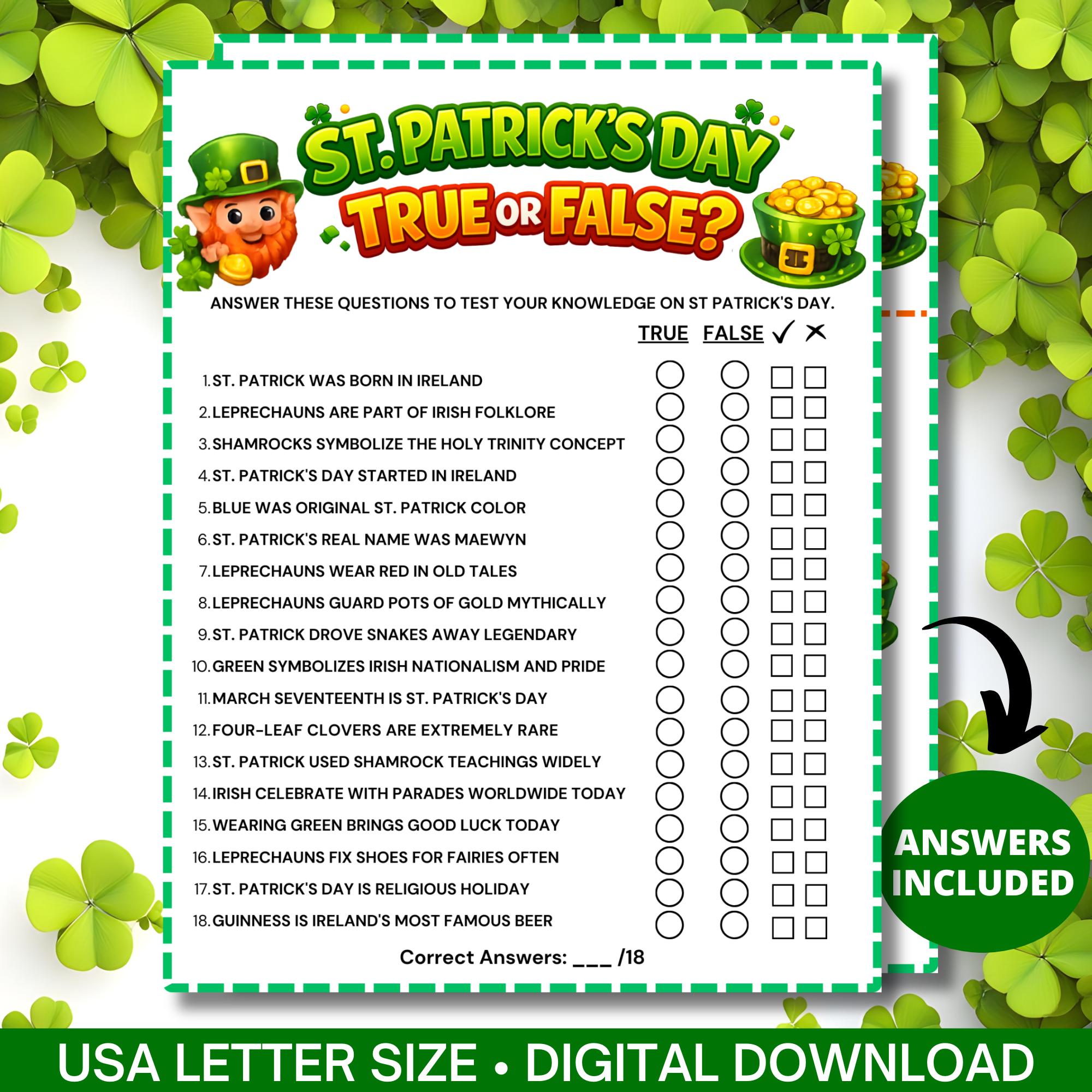 St. Patrick's Day True or False Game,st. Patrick's Day Party Game,irish ...