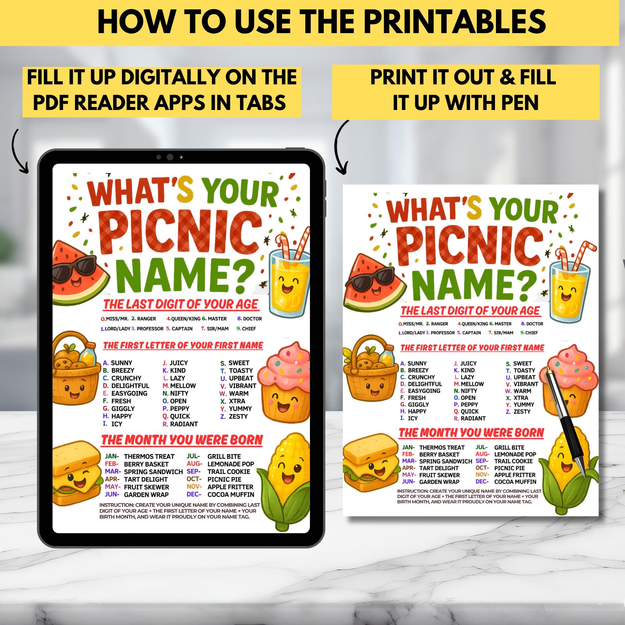 What's Your Picnic Name Game With Nametags & Sign,birthday Picnic Game ...