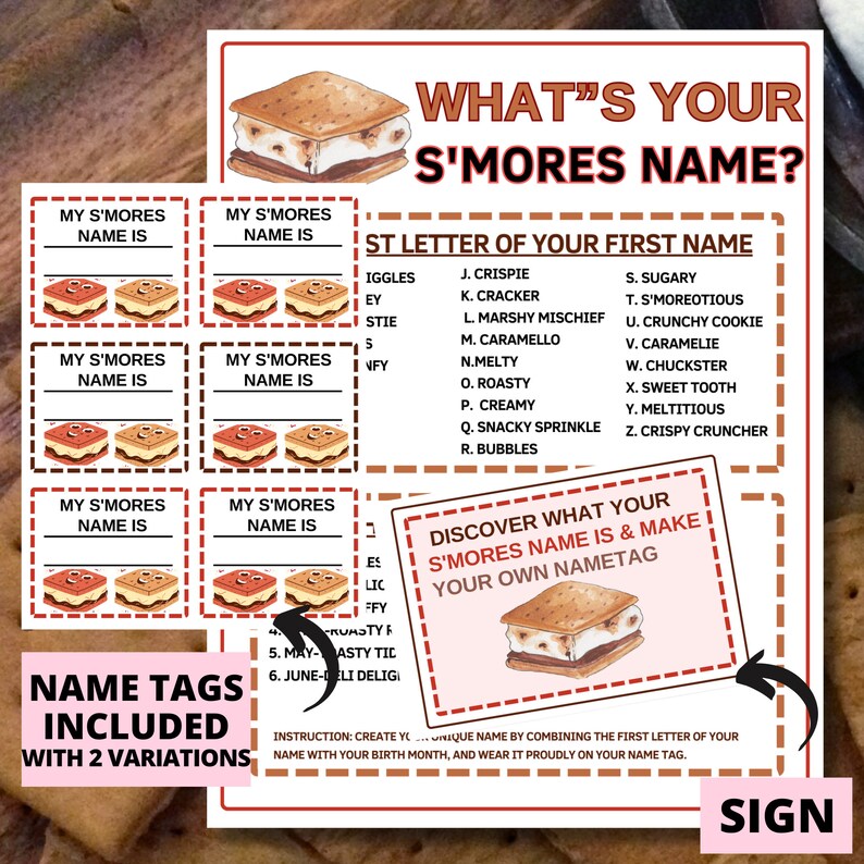 What's Your S'mores Name Game With Nametags+sign|s'mores Birthday Party ...