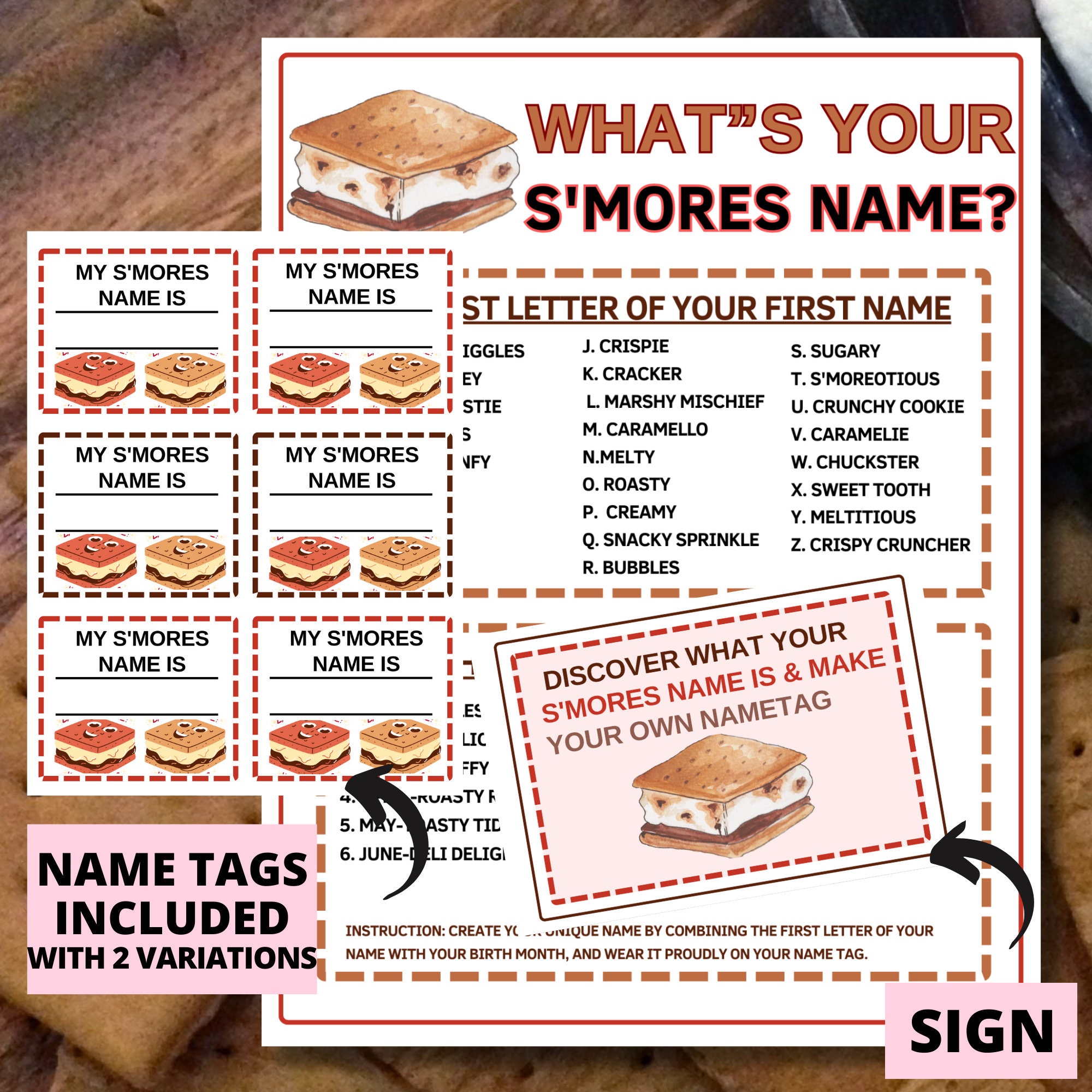 What's Your S'mores Name Game With Nametags+sign|s'mores Birthday Party ...