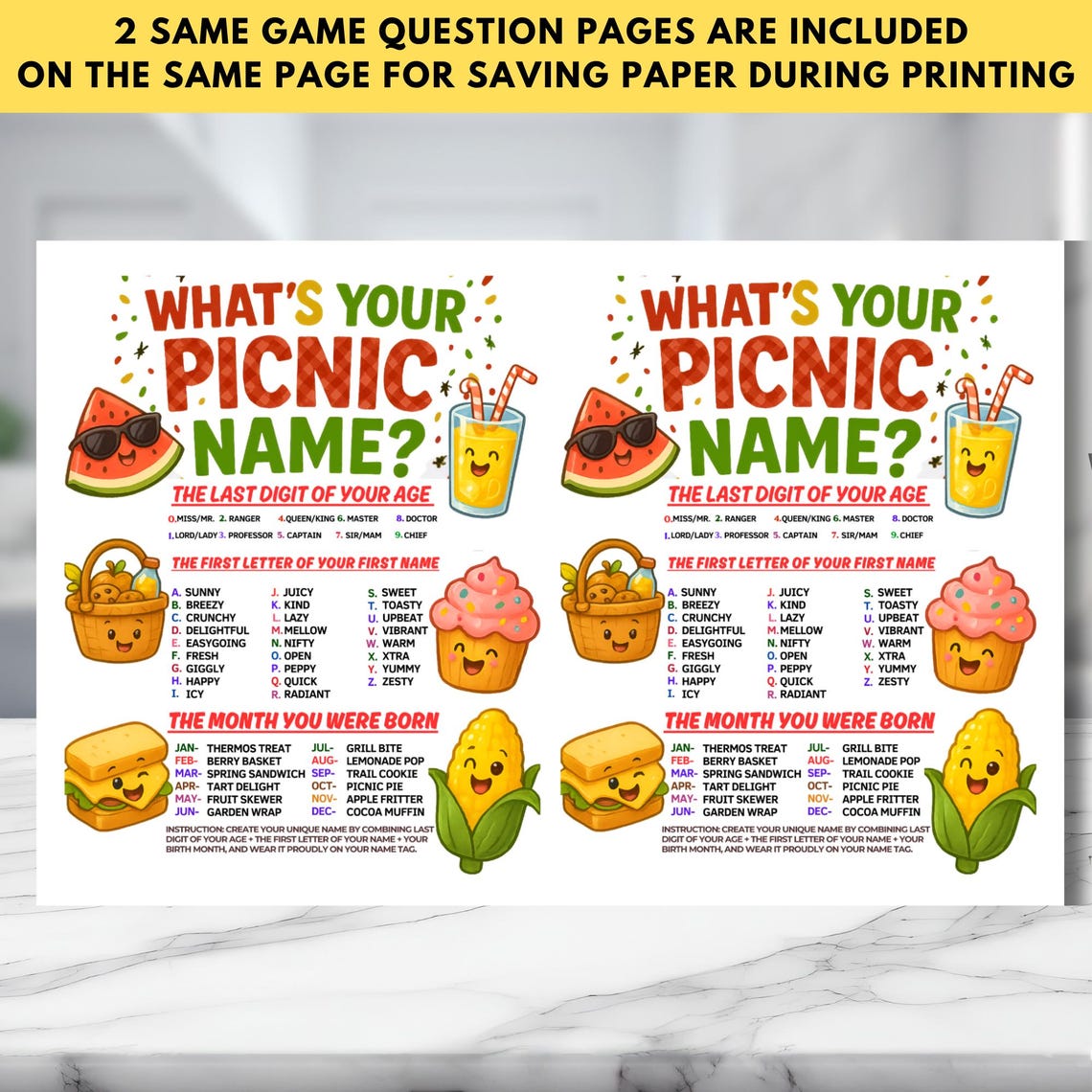 What's Your Picnic Name Game With Nametags & Sign,birthday Picnic Game ...