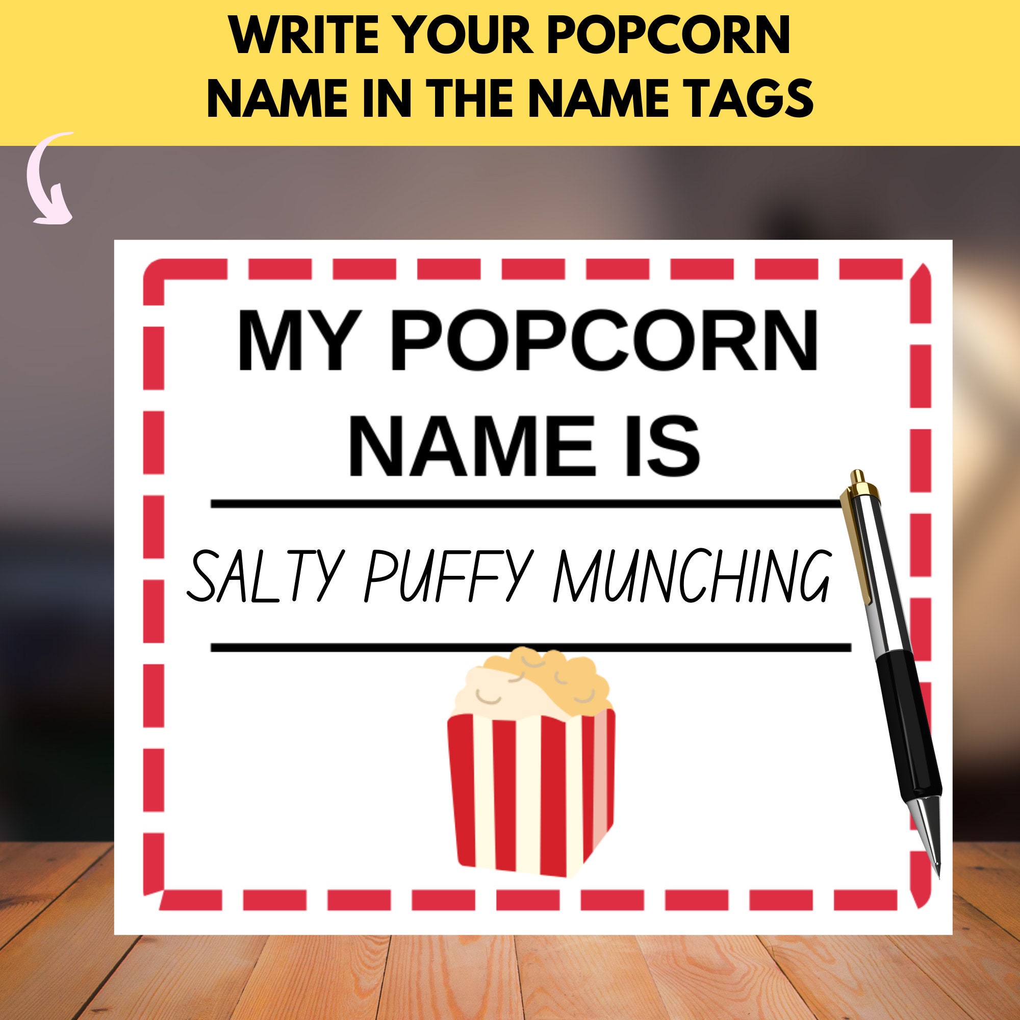 What's Your Popcorn Name Game With Name Tags & Sign|birthday Party ...