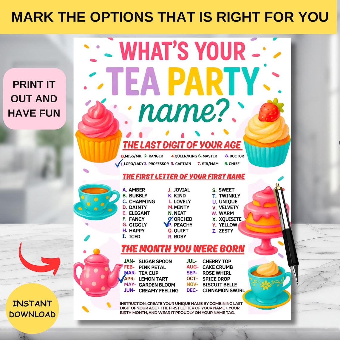 What's Your Tea Party Name Game With Nametags & Sign,birthday Tea Party ...
