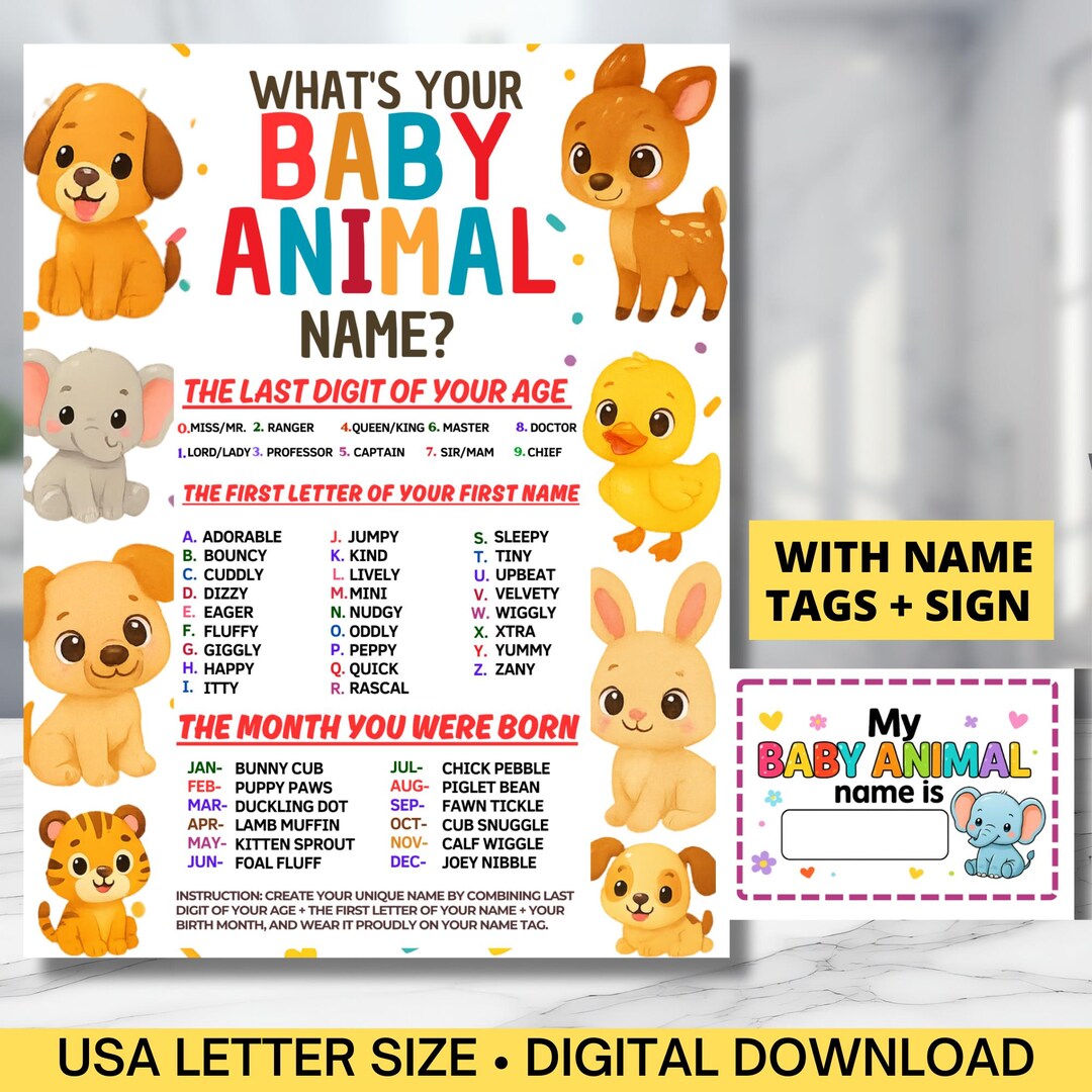 What's Your Baby Animal Name Game With Nametags & Sign,birthday+shower ...