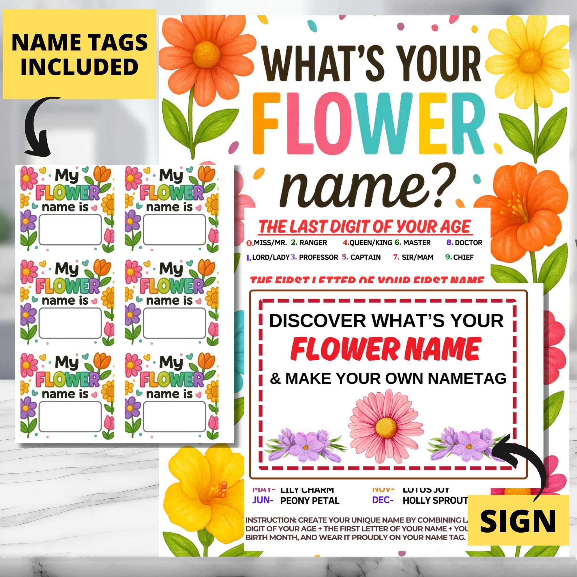 What's Your Flower Name Game With Nametags & Sign,birthday + Summer ...