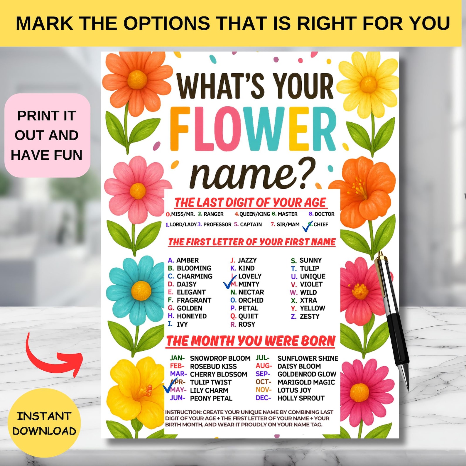 What's Your Flower Name Game With Nametags & Sign,birthday + Summer ...