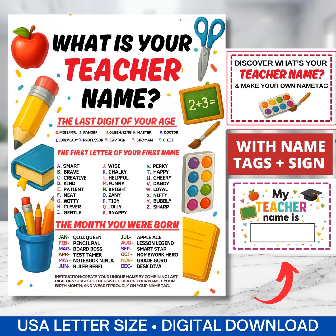 What's Your Teacher Name Game With Nametags & Sign,back to School Name ...