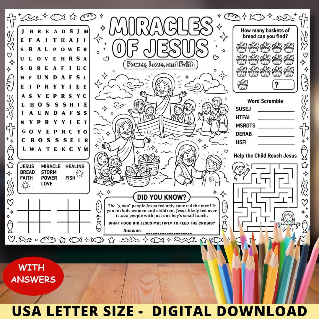 Miracles of Jesus Bible Story Activity Placemat Lesson,new Testament ...