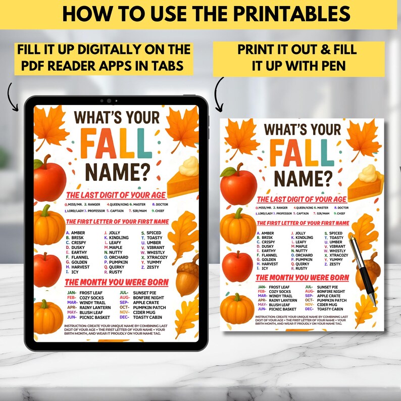 What's Your Fall Name Game With Nametags & Sign,fall Birthday Party ...