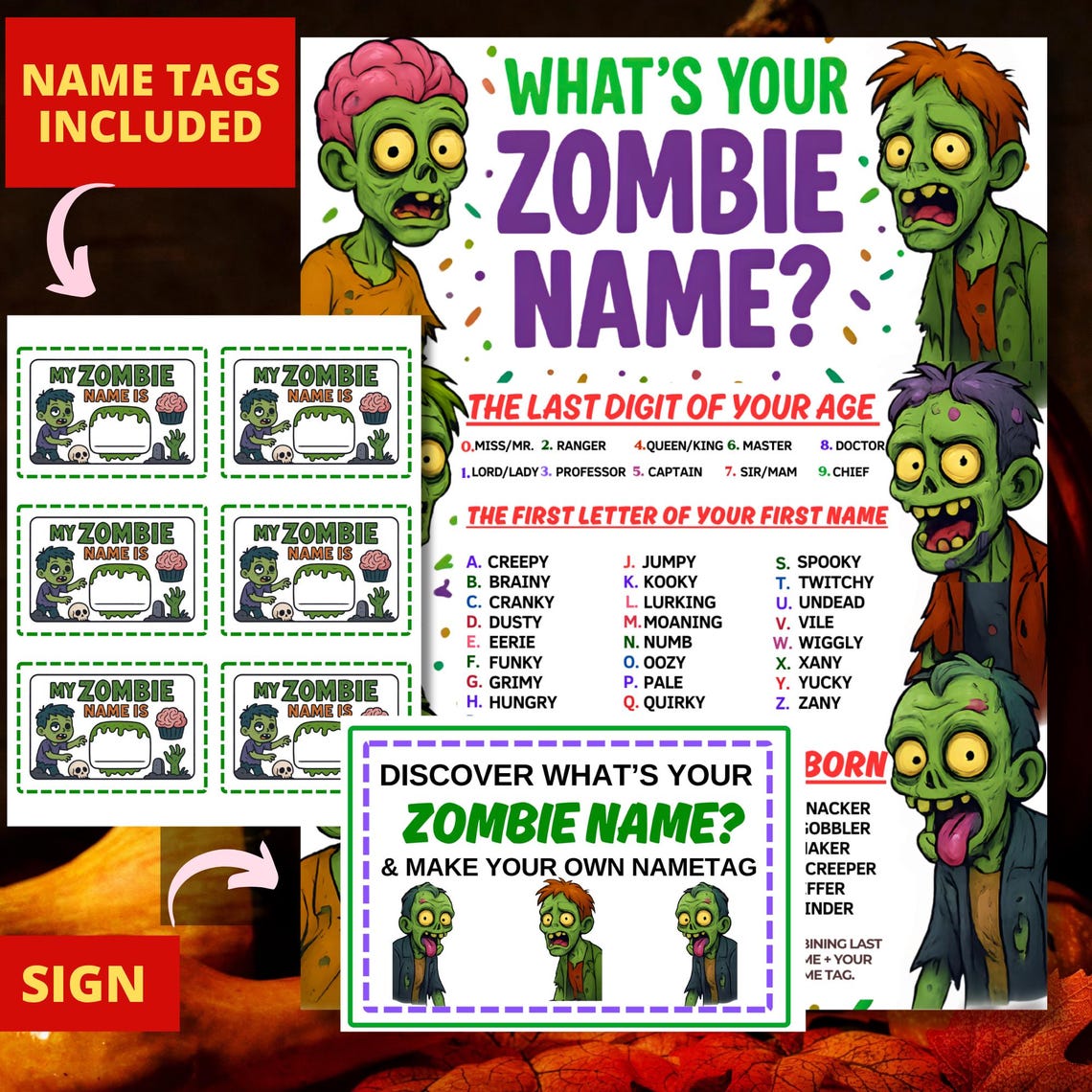 What's Your Zombie Name Game With Nametags & Sign,spooky Birthday Party ...
