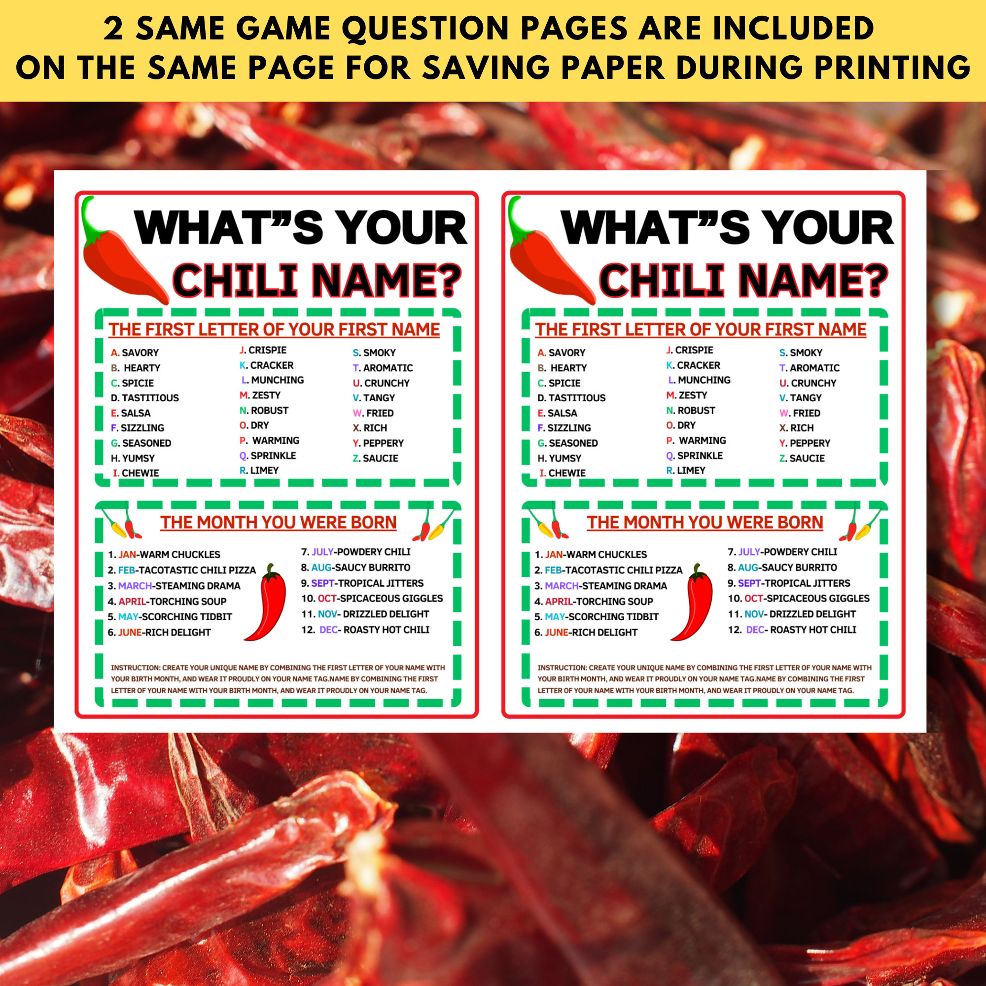 What's Your Chili Name Game With Nametags & Sign,christmas+birthday ...