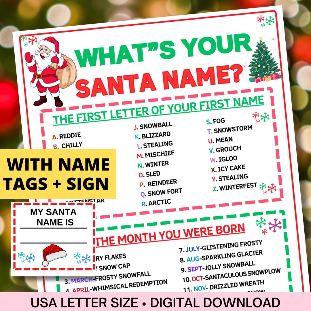What's Your Santa Claus Name Game With Nametags & Sign, Christmas ...