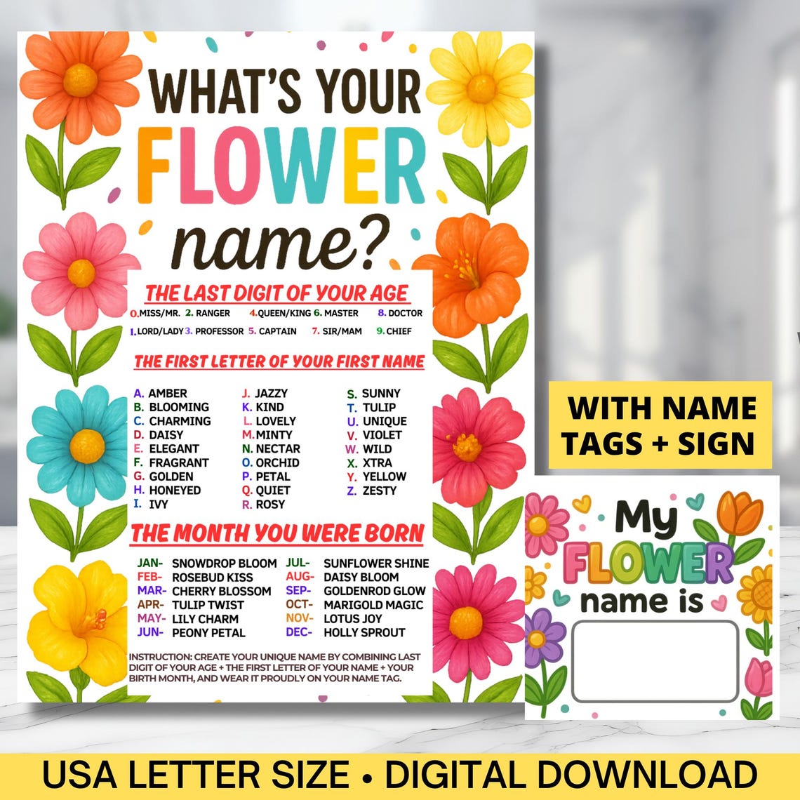 What's Your Flower Name Game With Nametags & Sign,birthday + Summer ...