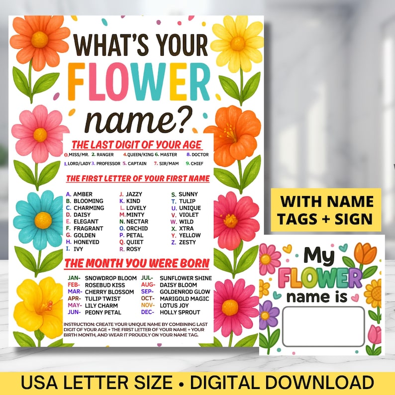 What's Your Flower Name Game With Nametags & Sign,birthday + Summer ...