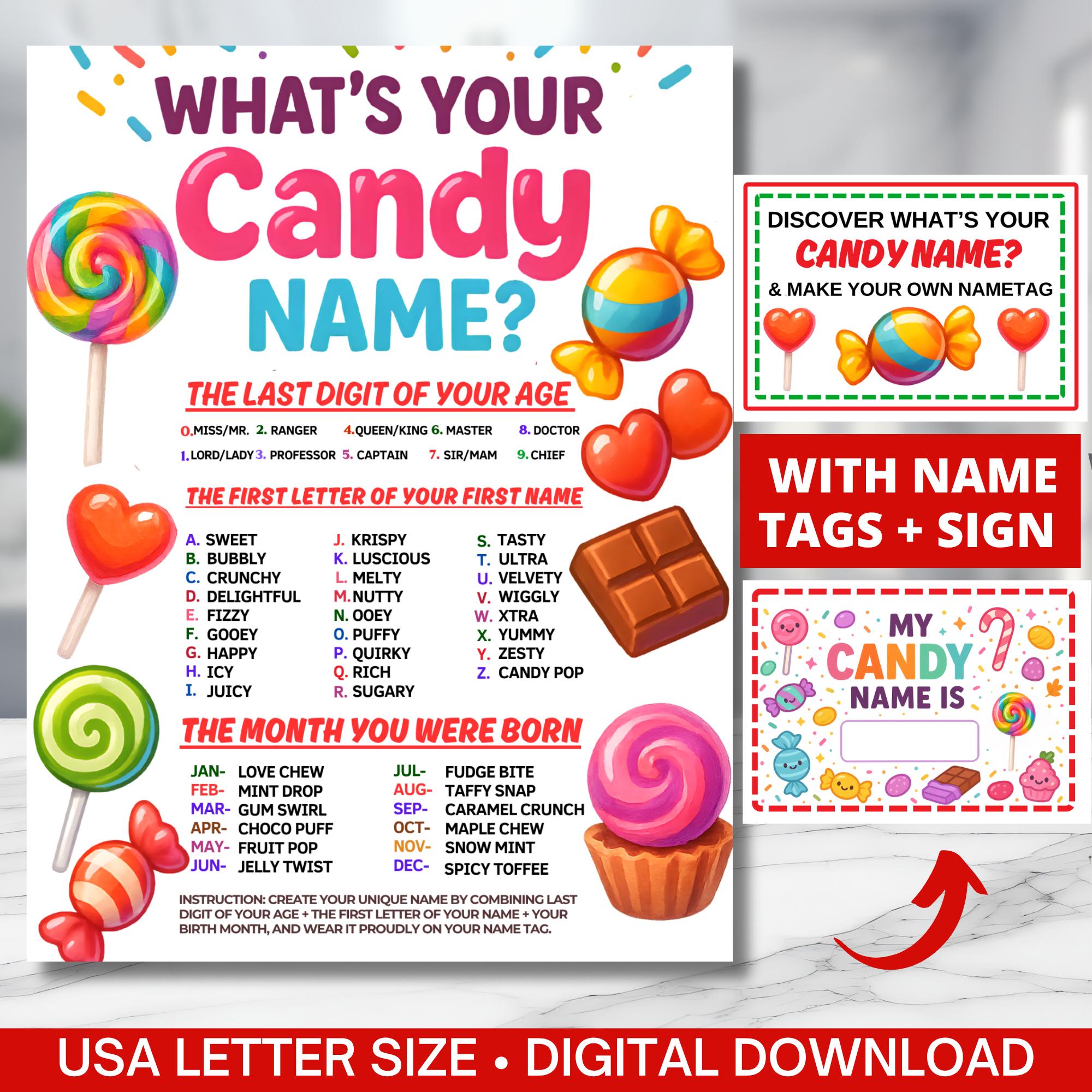 What's Your Candy Name Game With Nametags & Sign,birthday Party Game ...