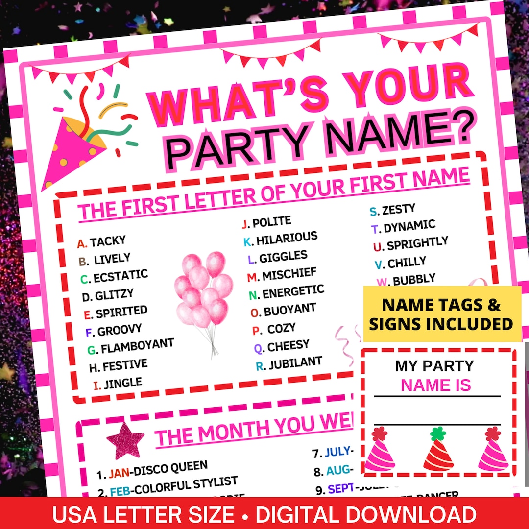 What's Your Party Name Game With Name Tags & Sign| Pink Girl Birthday ...