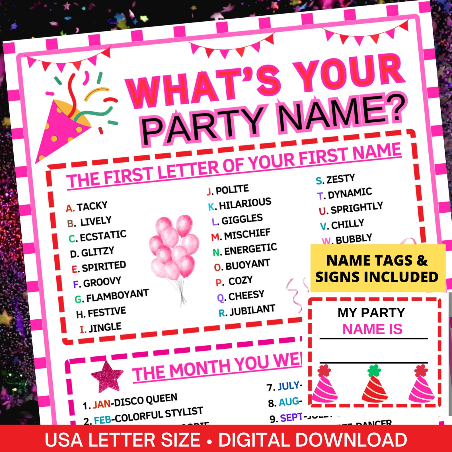 What's Your Party Name Game With Name Tags & Sign Pink Girl Birthday ...