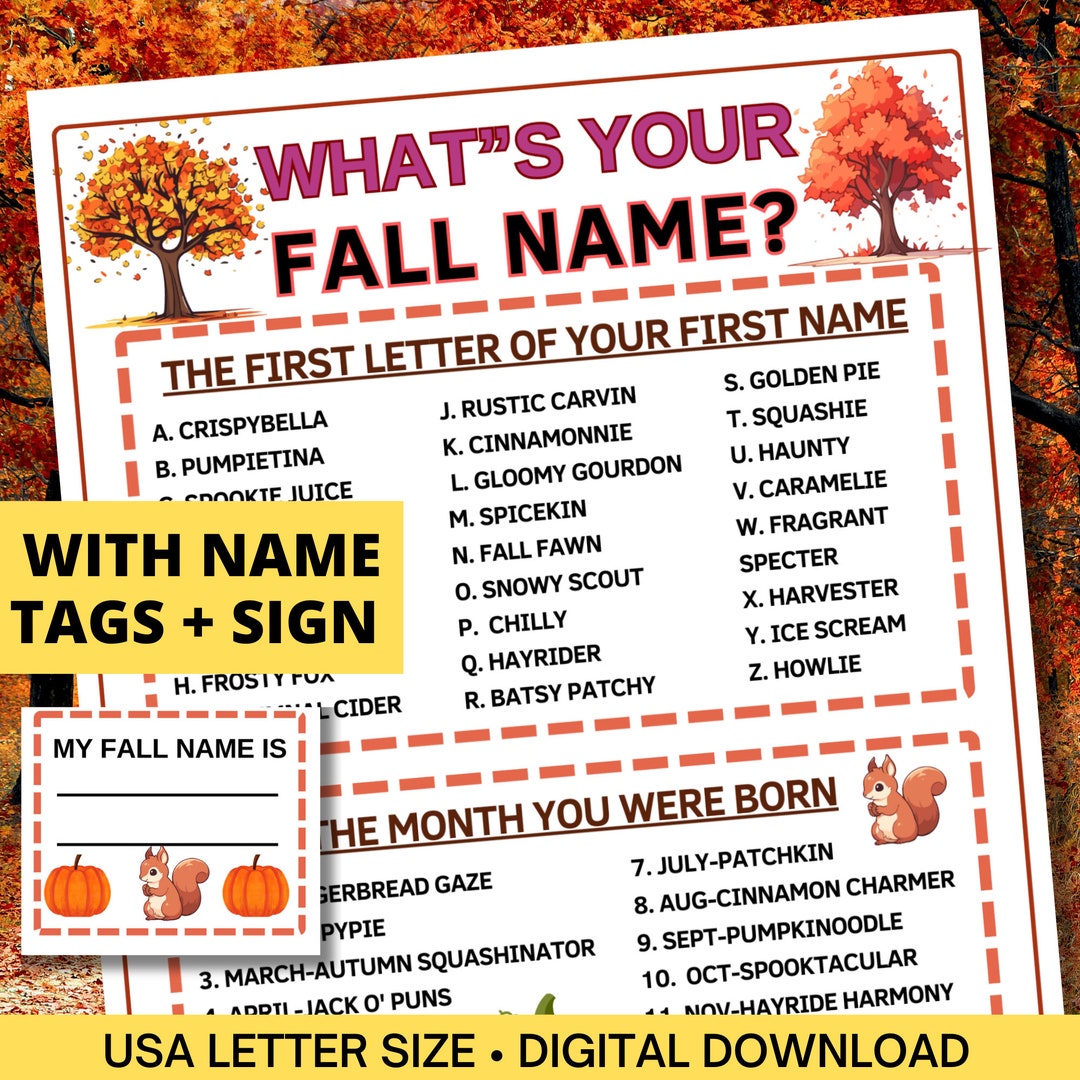 What's Your Fall Name Game With Name Tags & Sign, Fall Name Generator ...