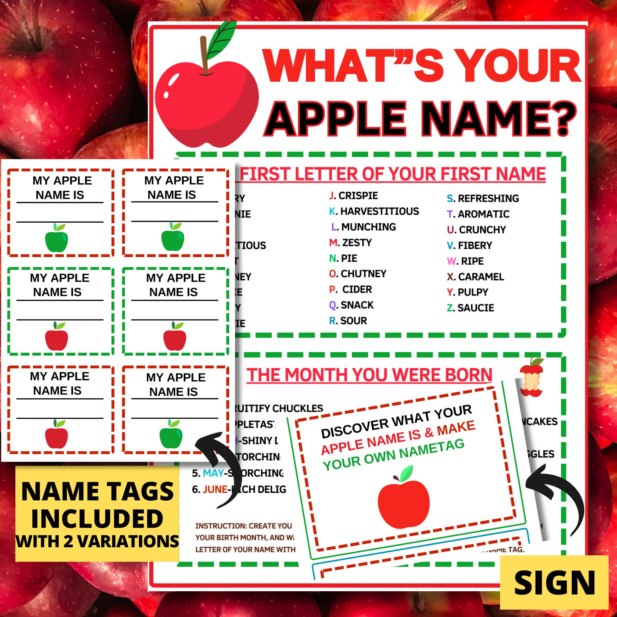 What's Your Apple Name Game WITH Nametags+sign|apple Bar Party Activity ...