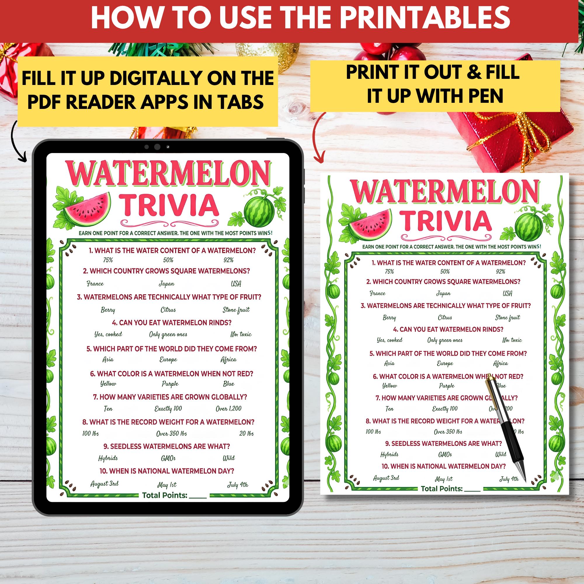 Watermelon Trivia Game Printable,summer Picnic Party Quiz for Kids,teen ...