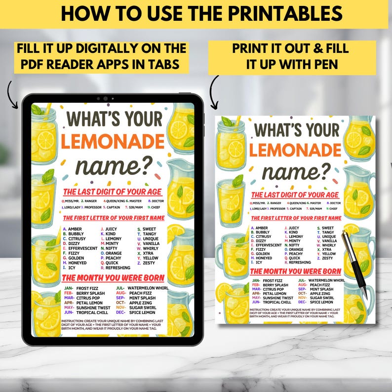 What's Your Lemonade Name Game With Nametags & Sign,birthday Games ...