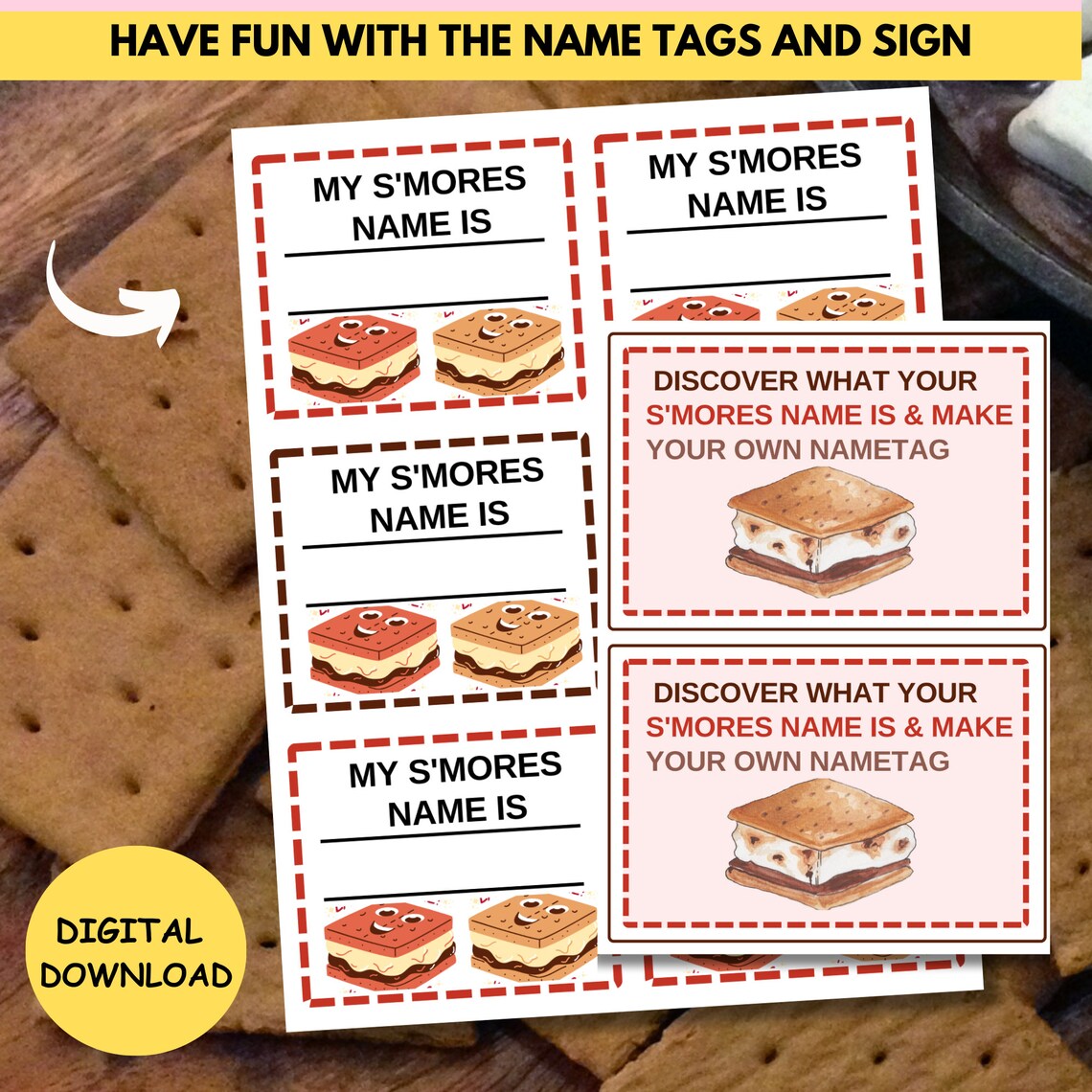 What's Your S'mores Name Game With Nametagssigns'mores Birthday Party Activitycamping Fun ...