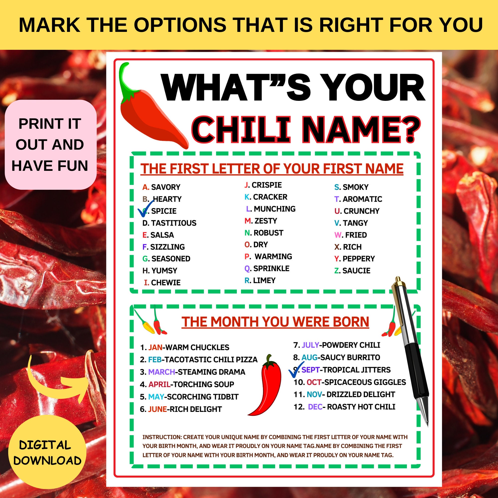 What's Your Chili Name Game With Nametags & Sign,christmas+birthday ...