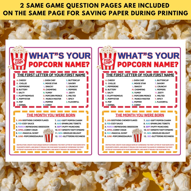 What's Your Popcorn Name Game With Name Tags & Sign|birthday Party ...