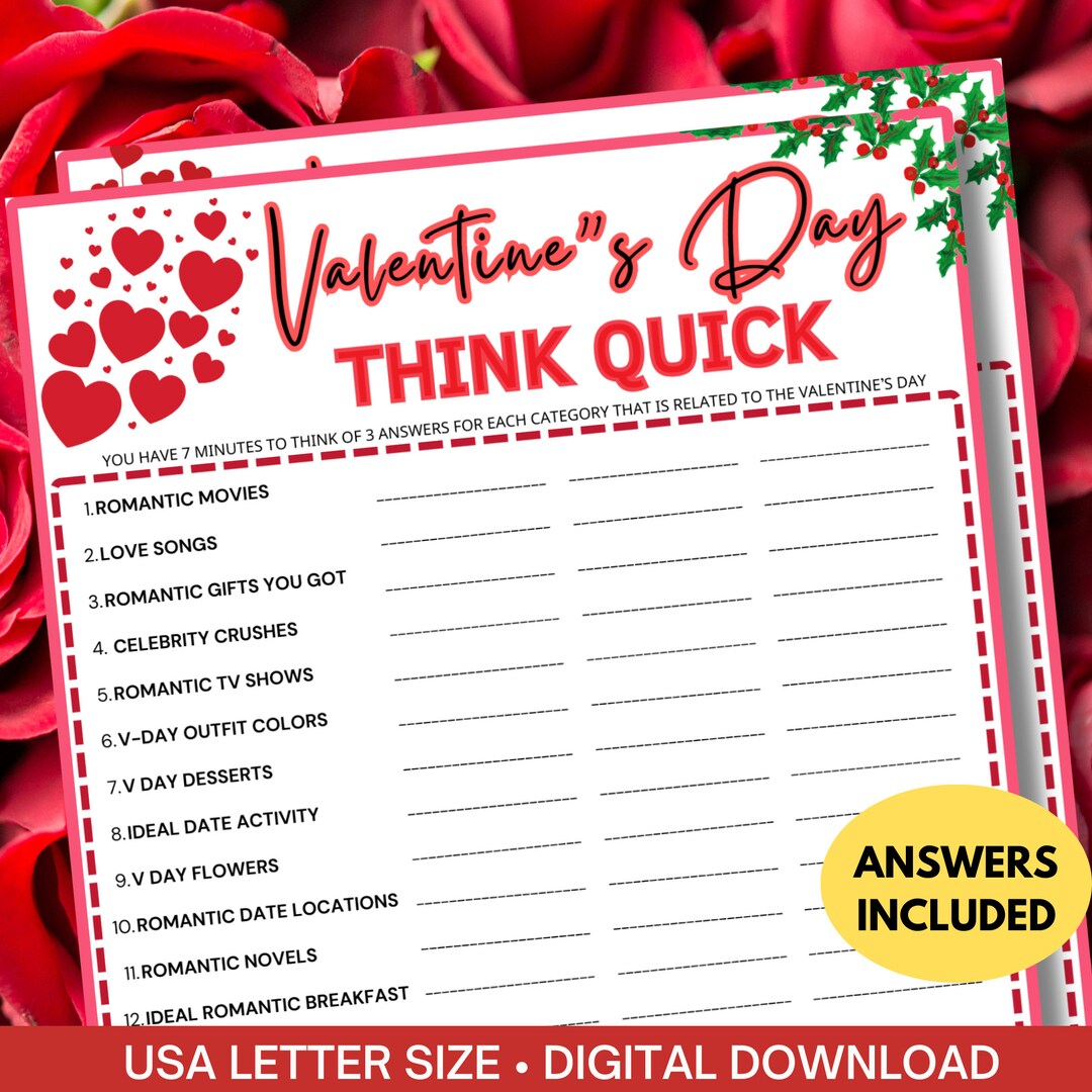 Think Quick Valentine's Day Game|valentine's Day Party Trivia Printable ...