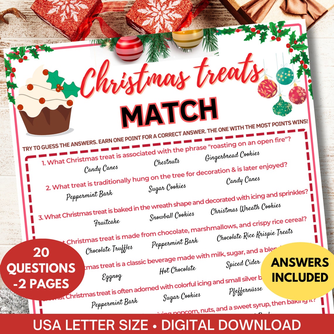 Christmas Treat Trivia Match Game|family Printable Game for Kids ...