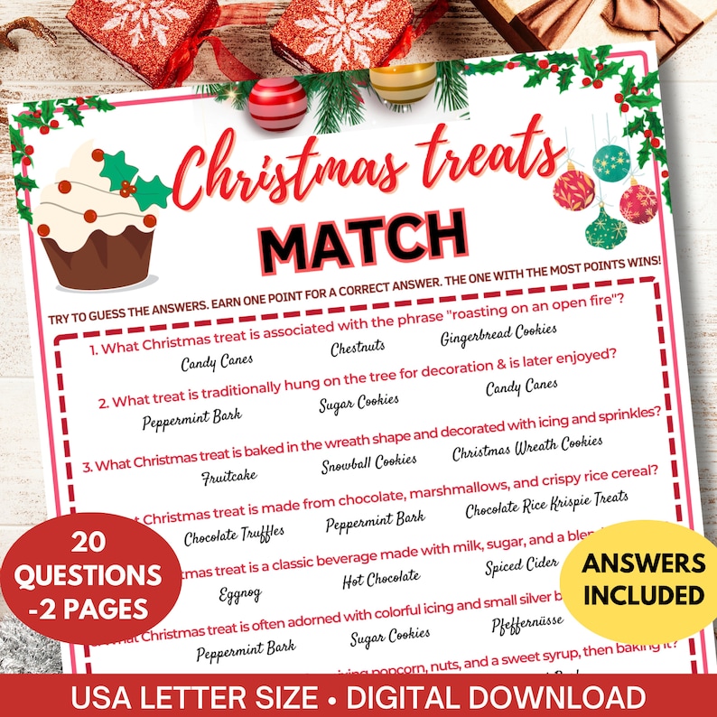 Christmas Treat Trivia Match Game|family Printable Game for Kids ...