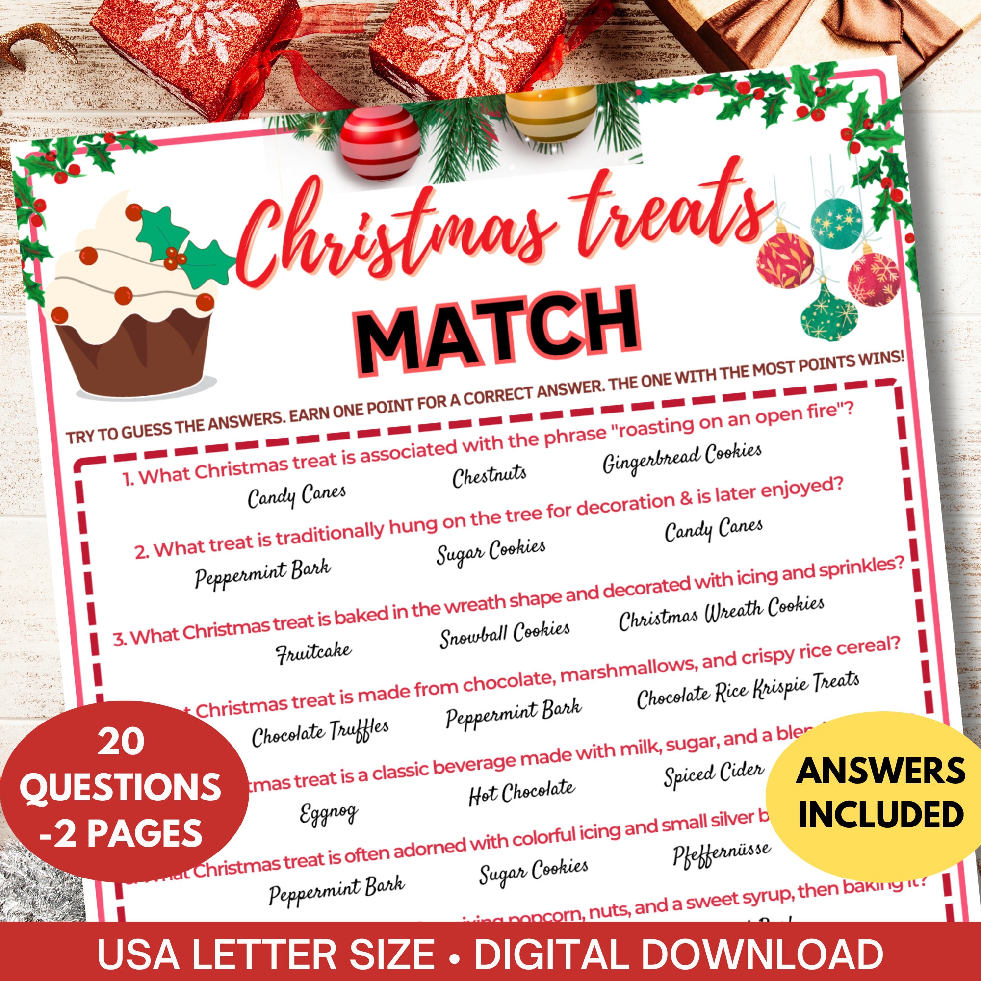 Christmas Treat Trivia Match Game|family Printable Game for Kids ...