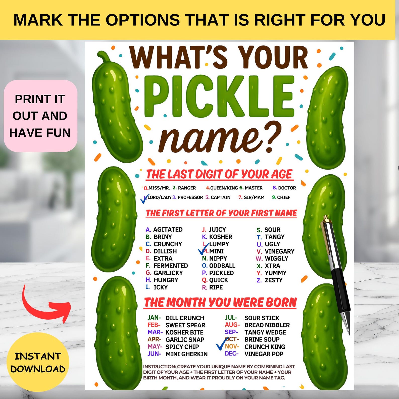 What's Your Pickle Name Game With Nametags & Sign,pickle Birthday Party ...