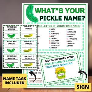 What's Your Pickle Name Game With Nametags & Sign, Pickle Birthday ...