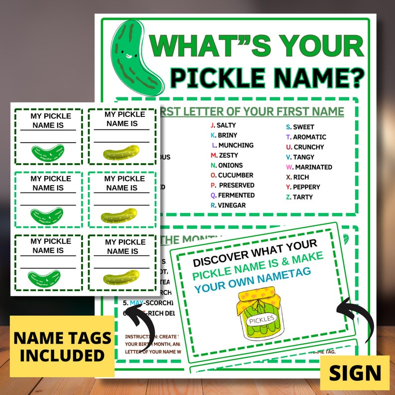 What's Your Pickle Name Game With Nametags & Sign, Pickle Birthday ...