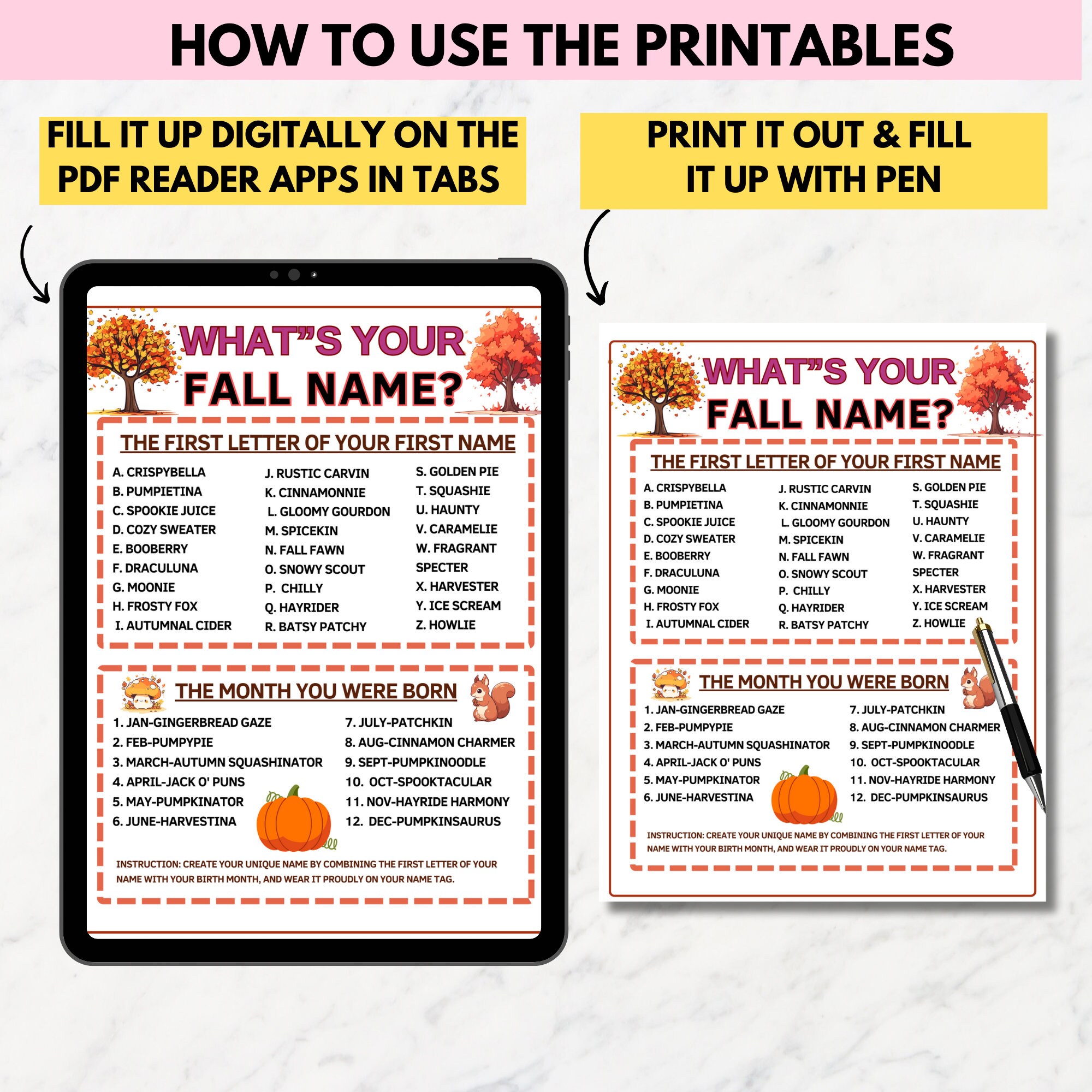 What's Your Fall Name Game With Name Tags & Sign, Fall Name Generator ...