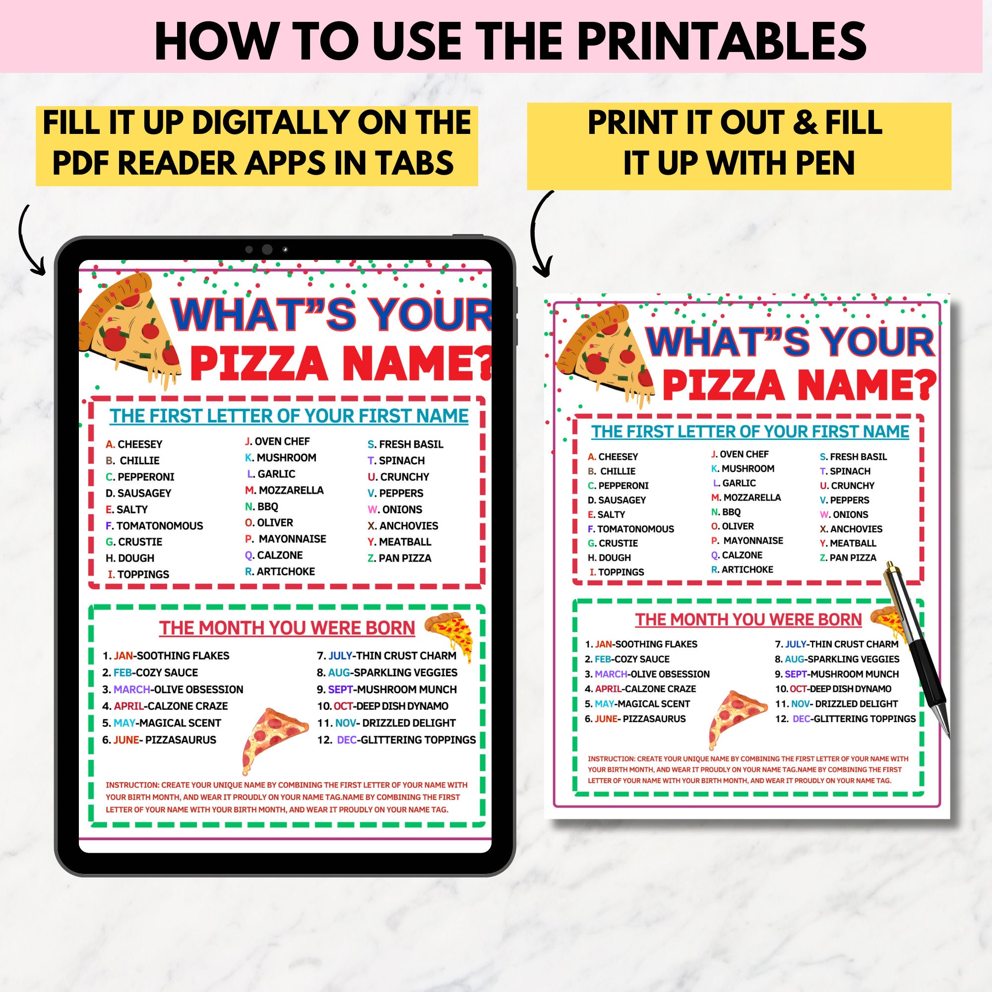 What's Your Pizza Name Game With Sign & Nametag, Birthday Party Name ...