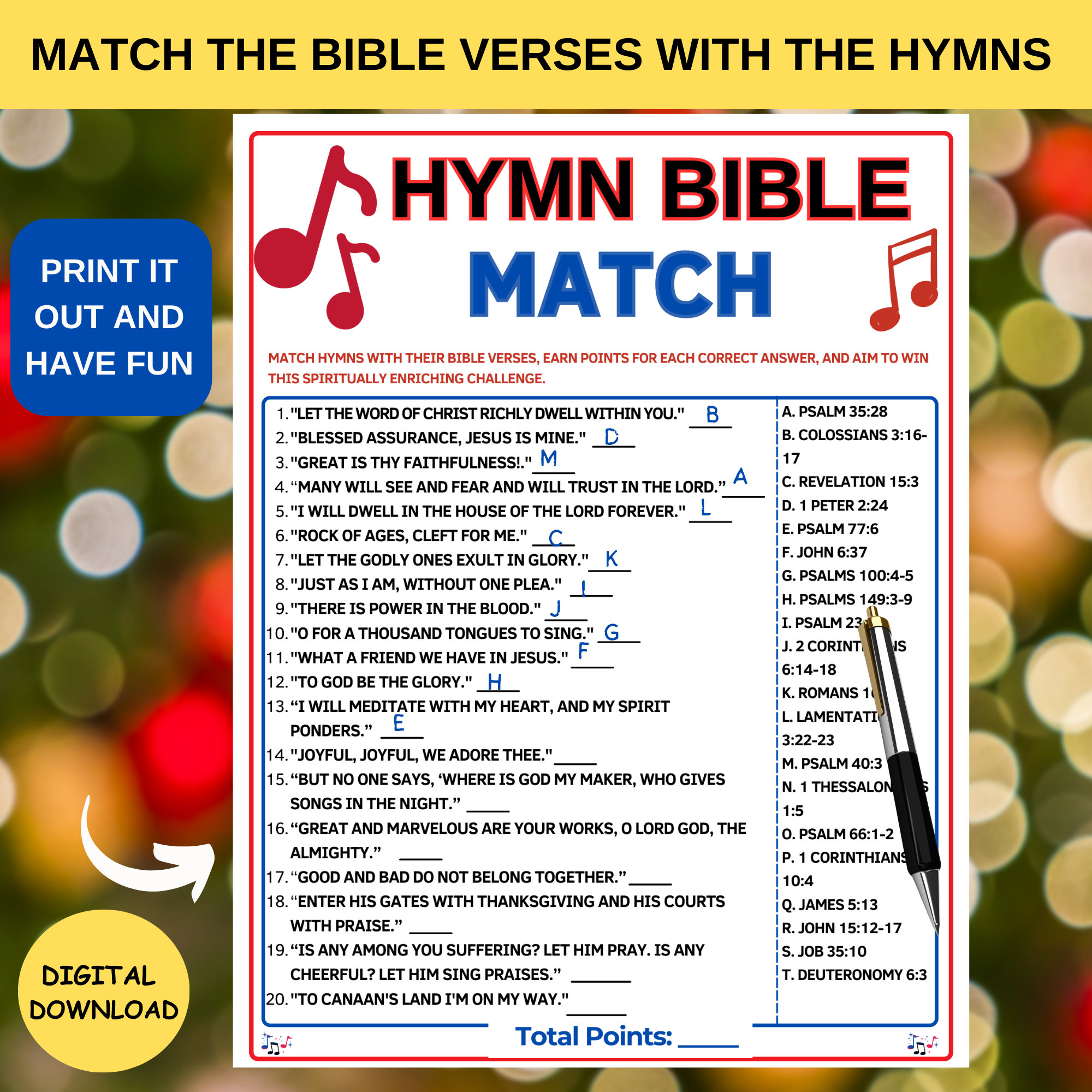 Hymn Bible Verse Match Game,bible Match Party Games for Kids & Adults,church Fun Activity,bible ...