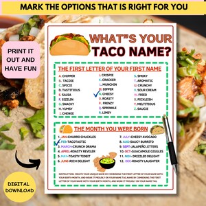 What's Your Taco Name Game With Nametags & Sign|cinco De Mayo Taco Game ...