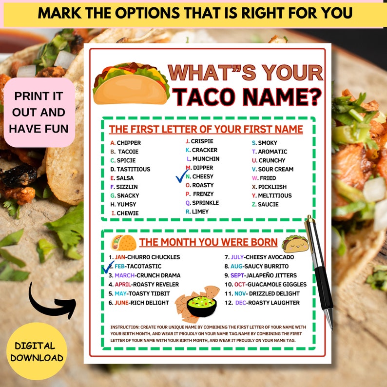 What's Your Taco Name Game With Nametags & Sign|cinco De Mayo Taco Game ...