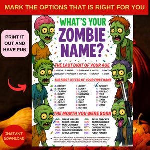 What's Your Zombie Name Game With Nametags & Sign,spooky Birthday Party ...
