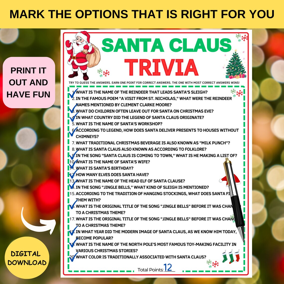 Santa Claus Trivia Party Game| Christmas Party Trivia Printable Game ...