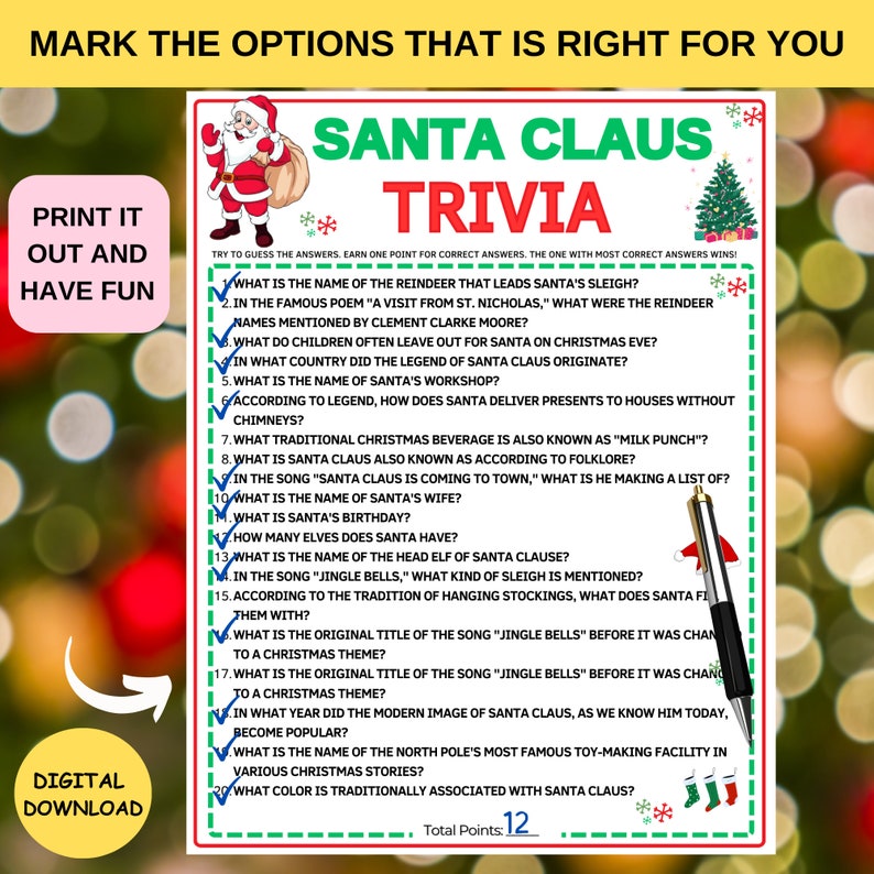 Santa Claus Trivia Party Game| Christmas Party Trivia Printable Game ...