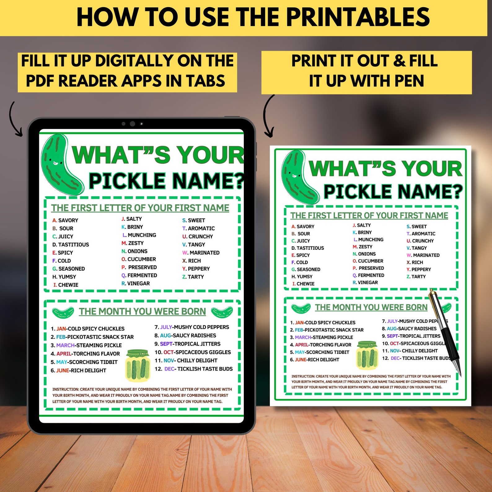 What's Your Pickle Name Game With Nametags & Sign, Pickle Birthday ...