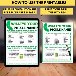 What's Your Pickle Name Game With Nametags & Sign, Pickle Birthday ...