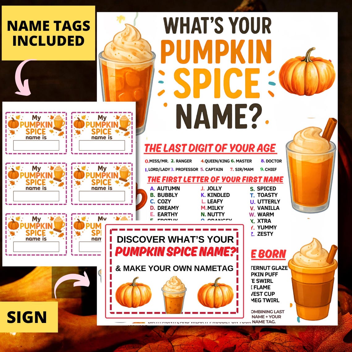 What's Your Pumpkin Spice Name Game With Nametags,halloween Party Game ...