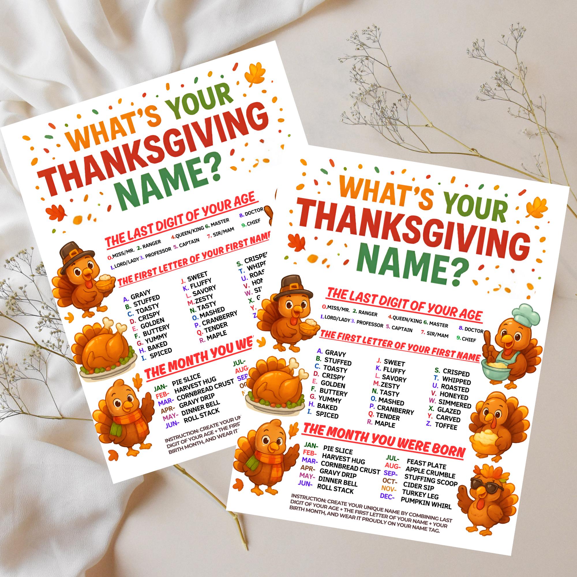 What's Your Thanksgiving Name Game With Nametags & Sign,turkey Birthday ...