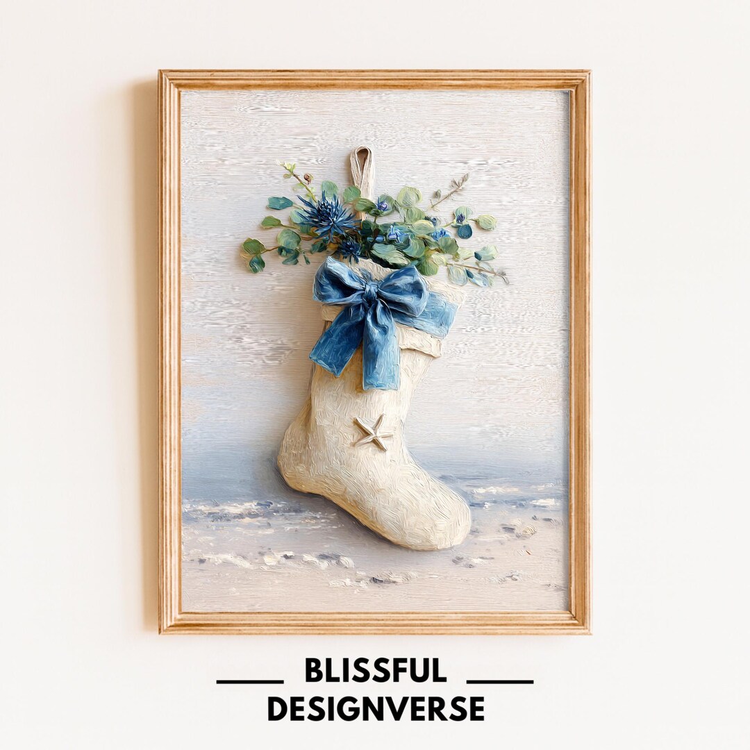 Blue Winter Stocking With Pinecone-coastal Christmas Wall Art, Vintage ...