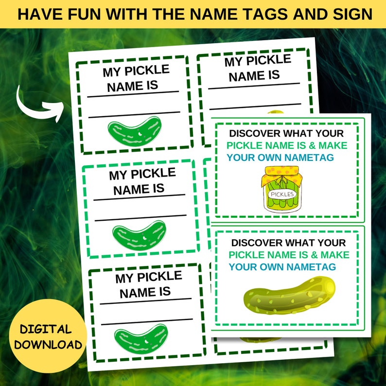 What's Your Pickle Name Game With Nametags & Sign, Pickle Birthday ...
