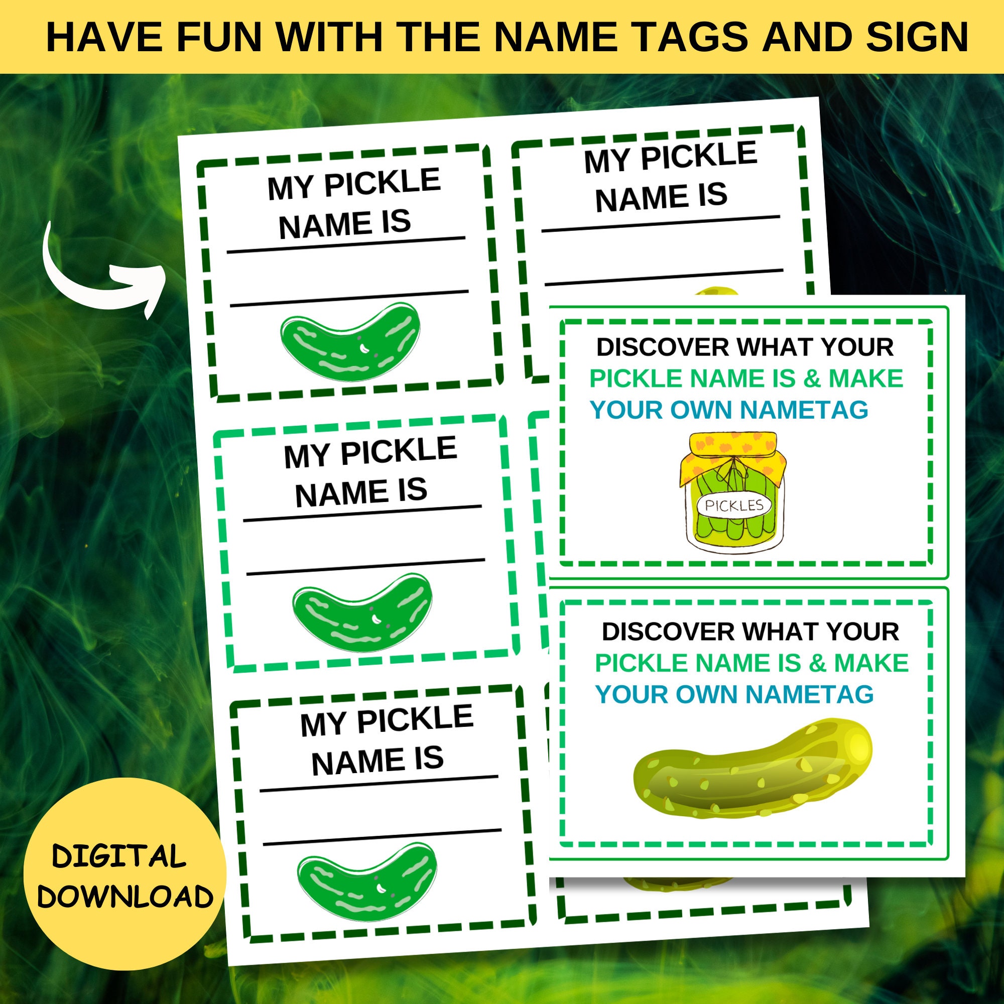 What's Your Pickle Name Game With Nametags & Sign, Pickle Birthday ...